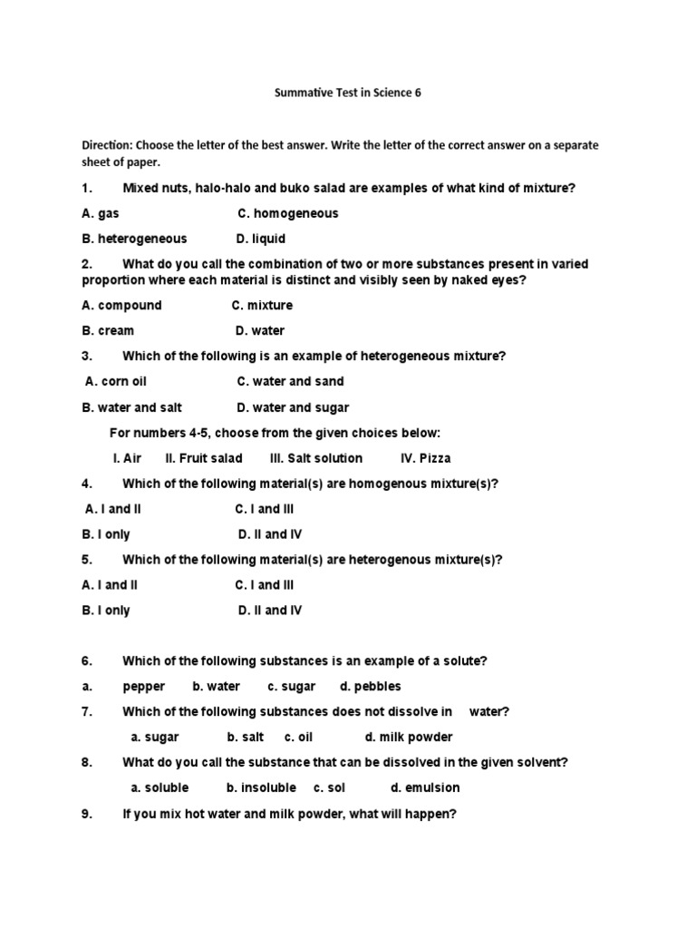 Science 6 Summative Test on Mixtures | PDF | Cooking, Food & Wine