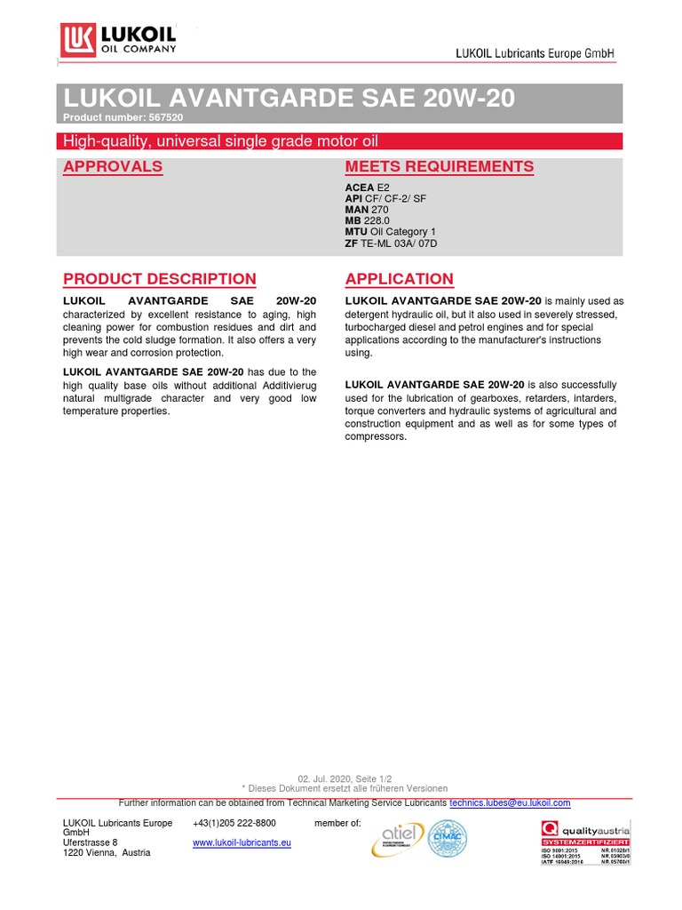 PDS - en - Lukoil Avantgarde Sae 20W-20 - V | PDF | Materials | Chemistry