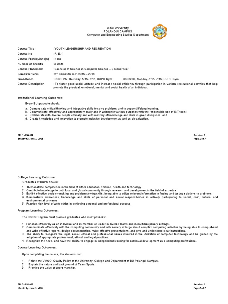 Obe Syllabus PE4 | PDF Obe Syllabus PE4 | PDF
