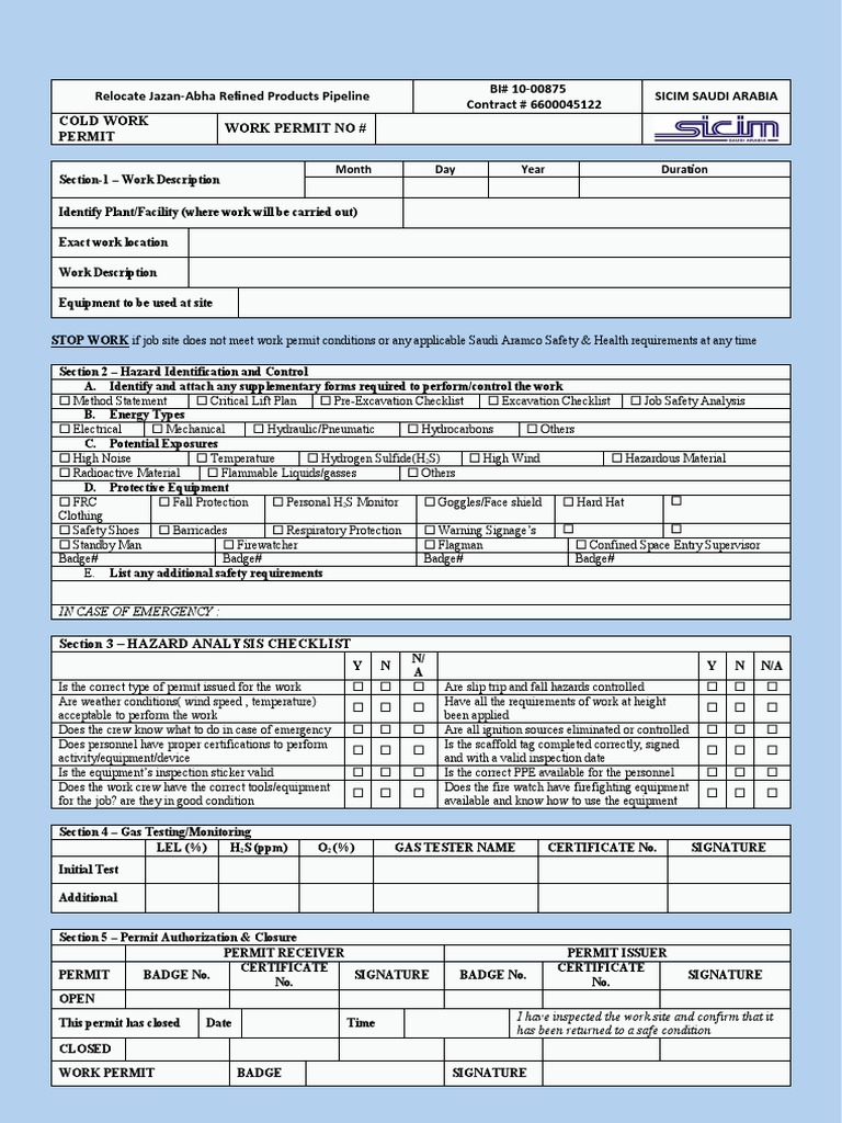 SICIM Form # JAPL BLUE-Cold Work Permit | PDF | Safety | Workplace