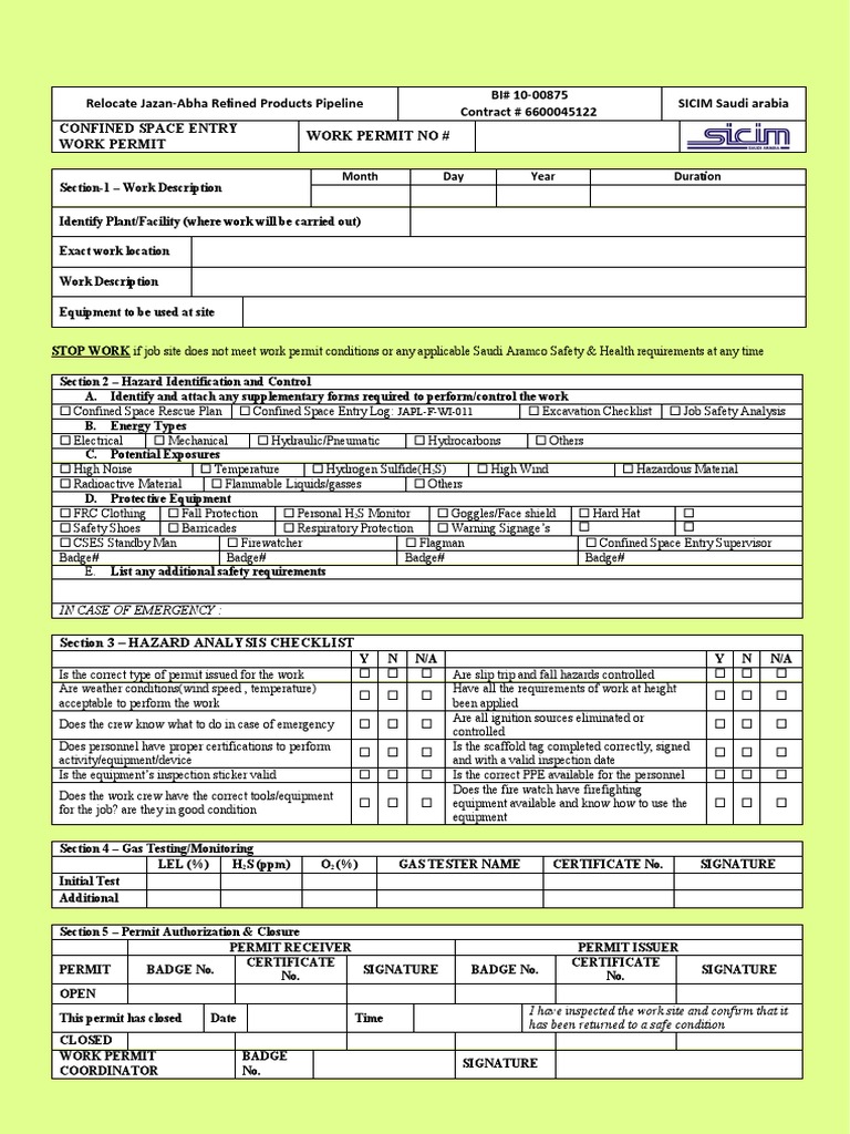 SICIM Form# JAPL GREEN-Confined Space Entry Permit | PDF | Safety | Occupational Safety And Health