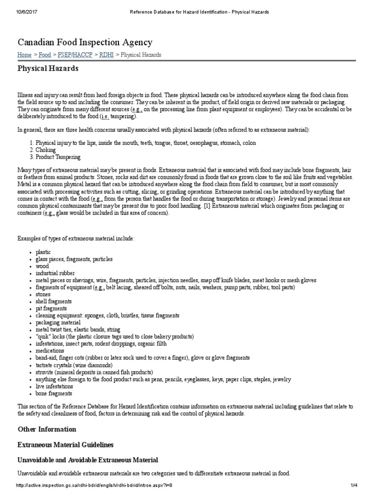 Canadian Guidelines For Physical Hazards | PDF | Hazards | Food Safety