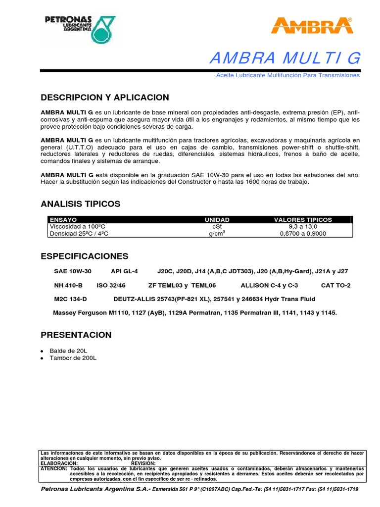 Ambra Multi G 10W 30 | PDF | Lubricante | Materiales