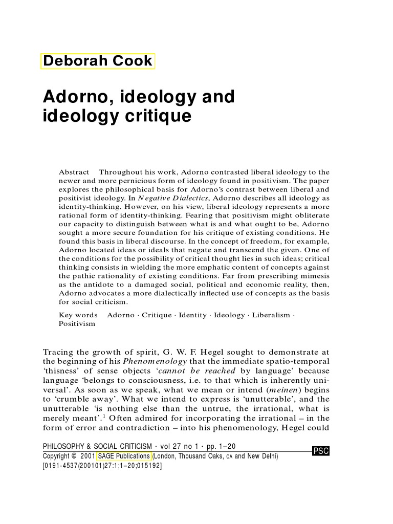 Deborah Cook Adorno, Ideology and Ideology Critique | PDF