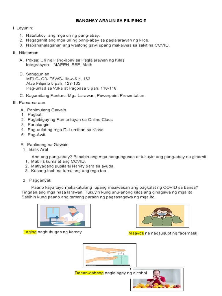 Cot2 Lp Filipino 5 Nagagamit Ang Pang Abay Sa Paglalarawan Ng Kilos Pdf