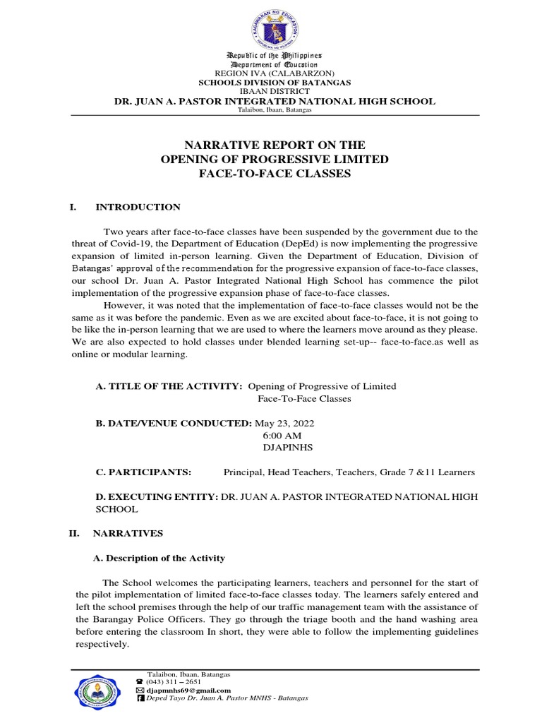 Narrative Report - Opening of Progressive Limited Face To Face Classes ...