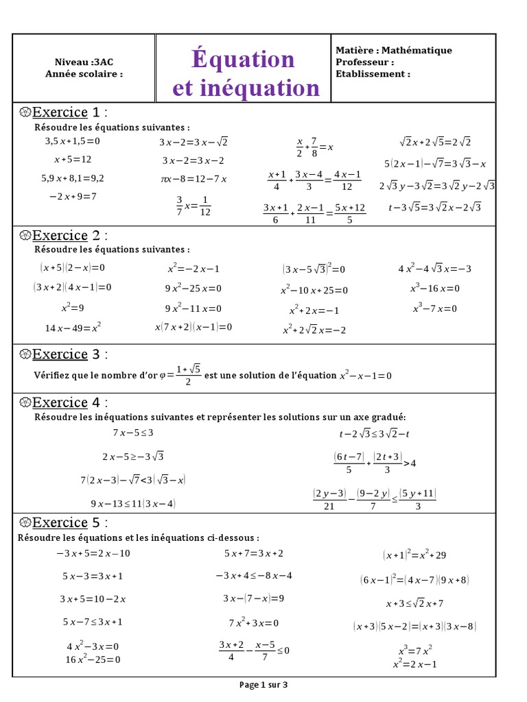 Exercices d'équations et inéquations 3AC | PDF | Formes géométriques ...