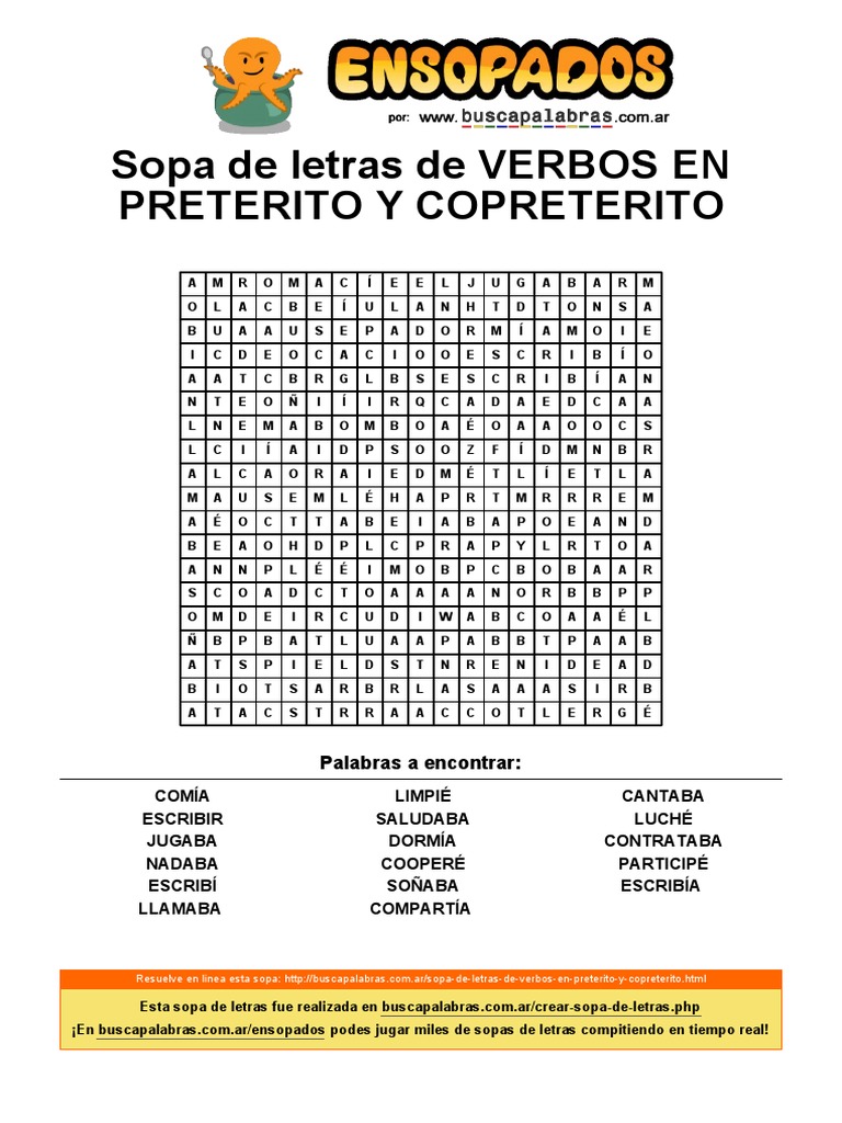 Sopa de Letras de Verbos en Preterito y Copreterito | PDF