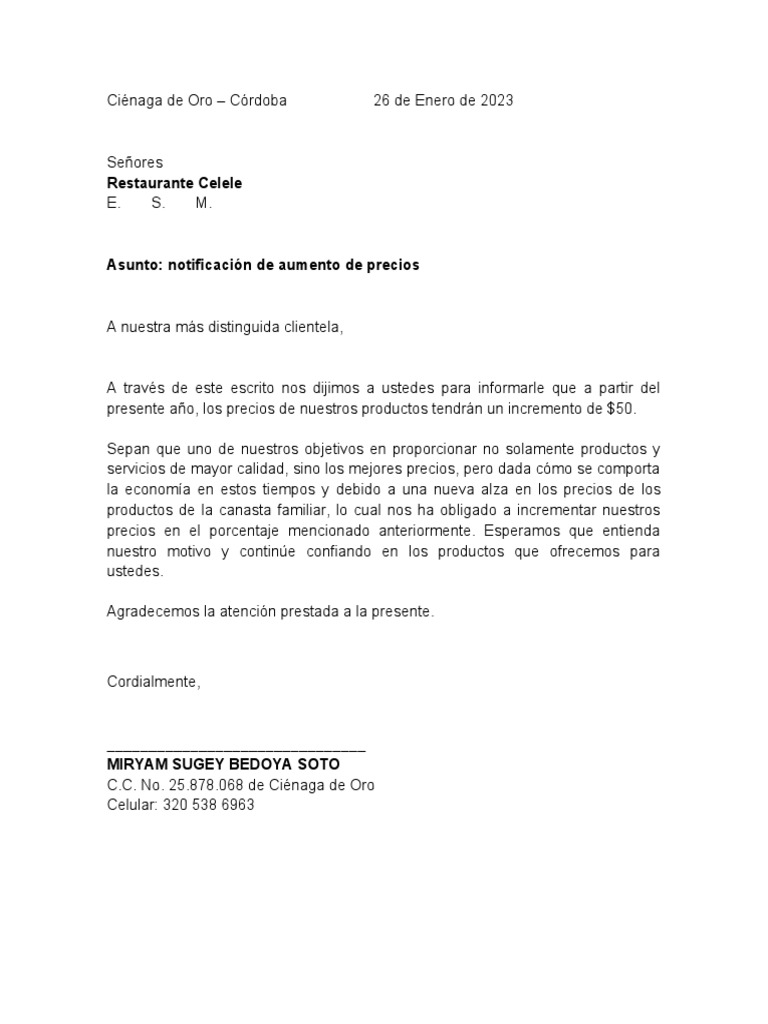 Carta para Informar Sobre Aumento de Precios | PDF