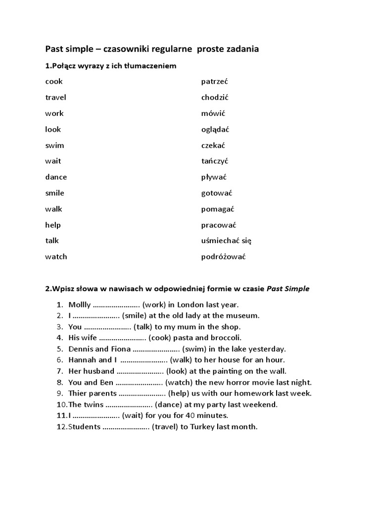 Past Simple - Czasowniki Regularne - Proste Zadania | PDF