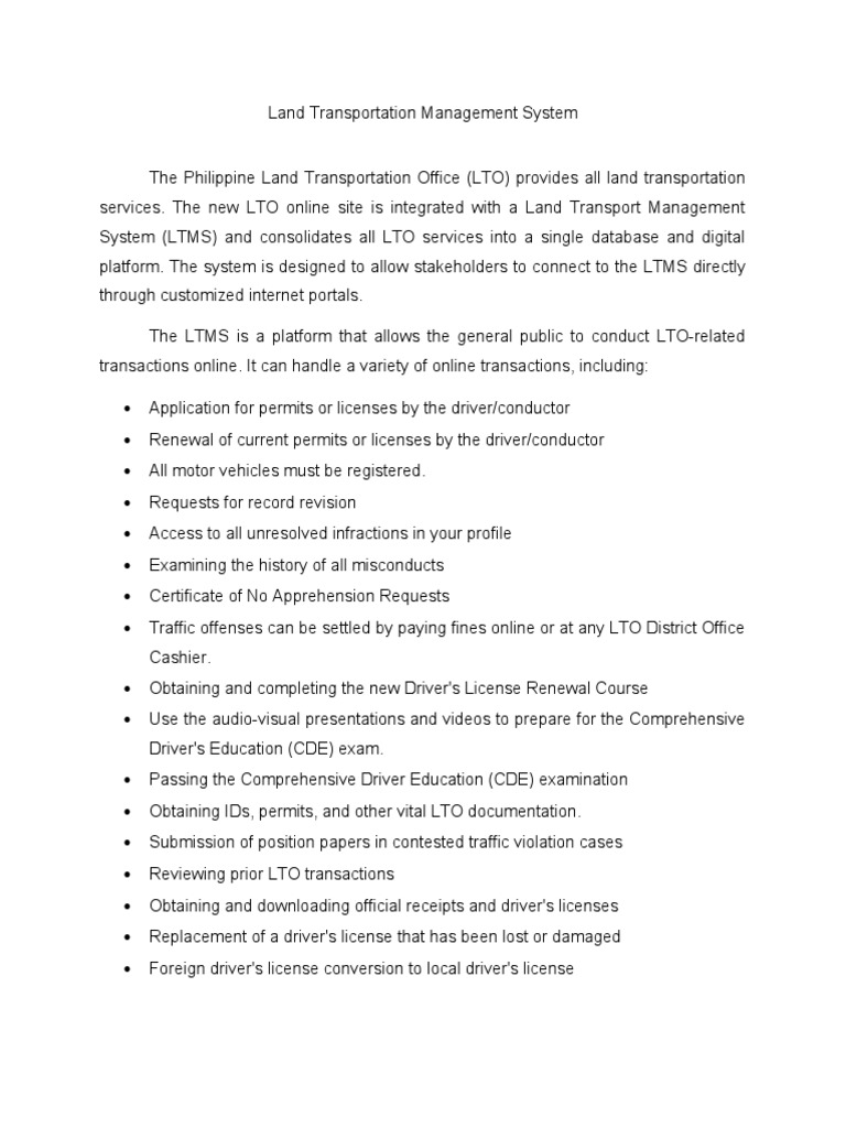 LTMS (LTO) - Narrative Description | PDF