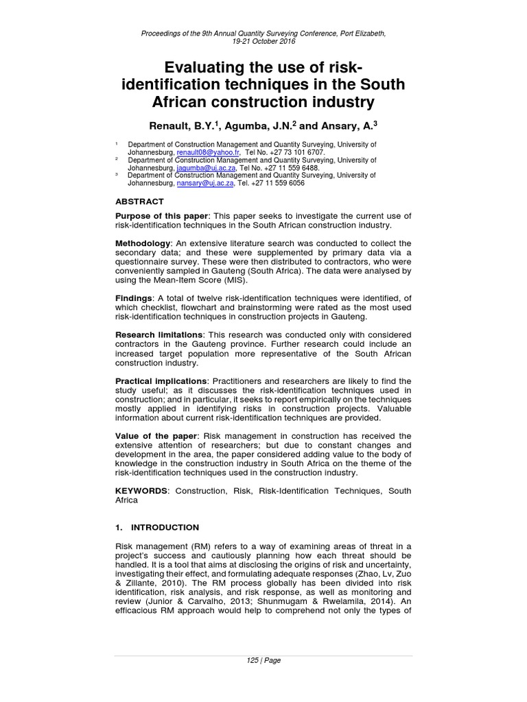 Evaluating The Use of Risk-Identification Techniques in The South ... Evaluating The Use of Risk-Identification Techniques in The South ...