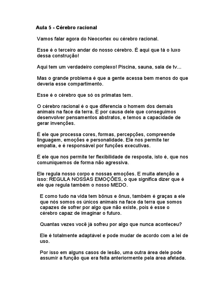Aula 5 - Cérebro Racional | PDF | Cérebro | Emoções