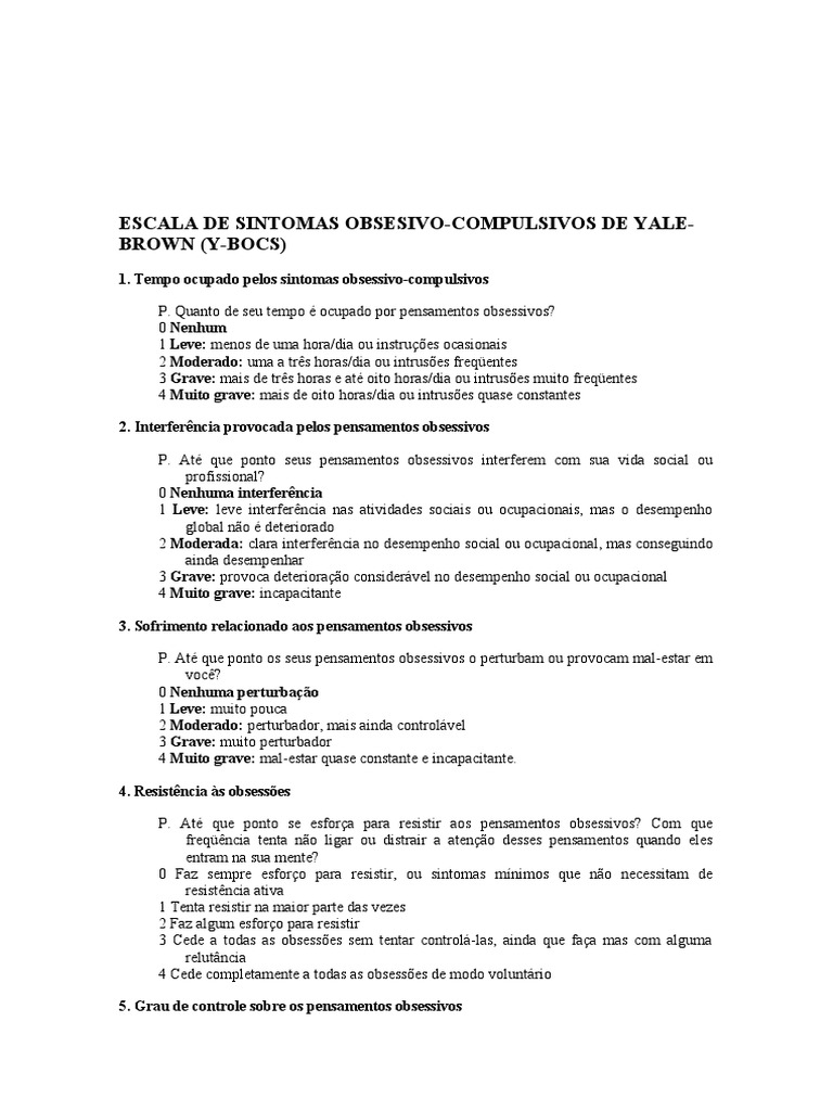 Escala de Sintomas Obsessivo Compulsivos de YALE BROWN Y BOCS | PDF | Transtorno obsessivo ...