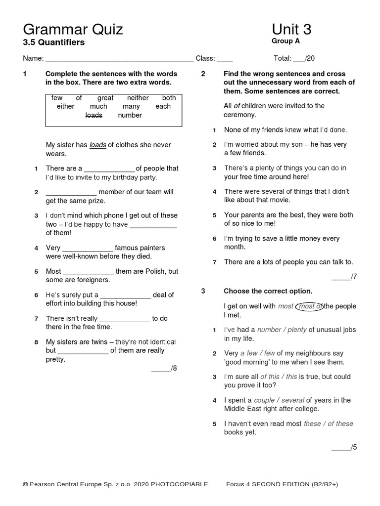 Focus4 2E Grammar Quiz Unit3.5 GroupA 2kol | PDF