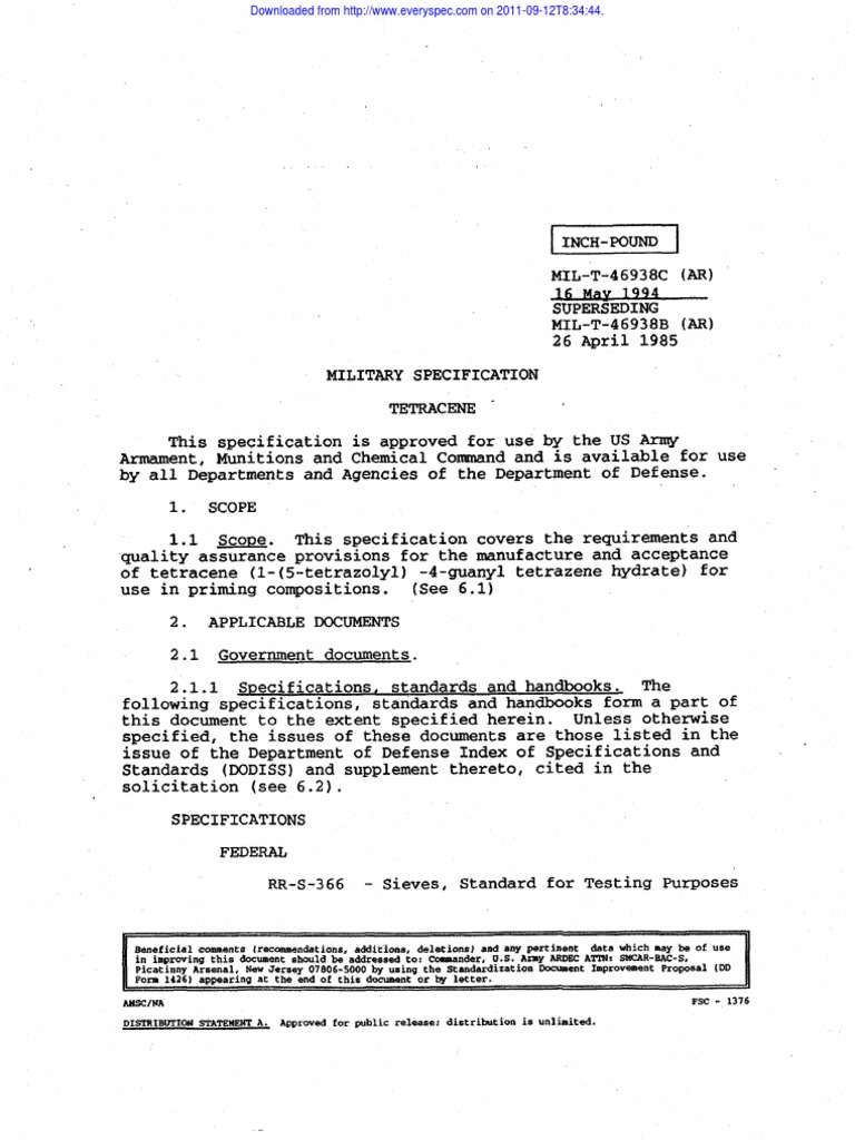 Military Specification for Tetracene: Requirements, Quality Assurance ...