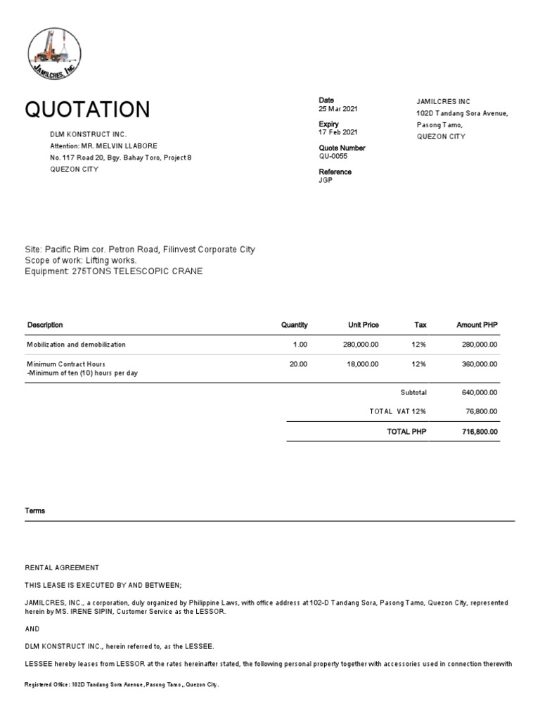 Crane Rental Agreement Terms | PDF | Lease | Economies