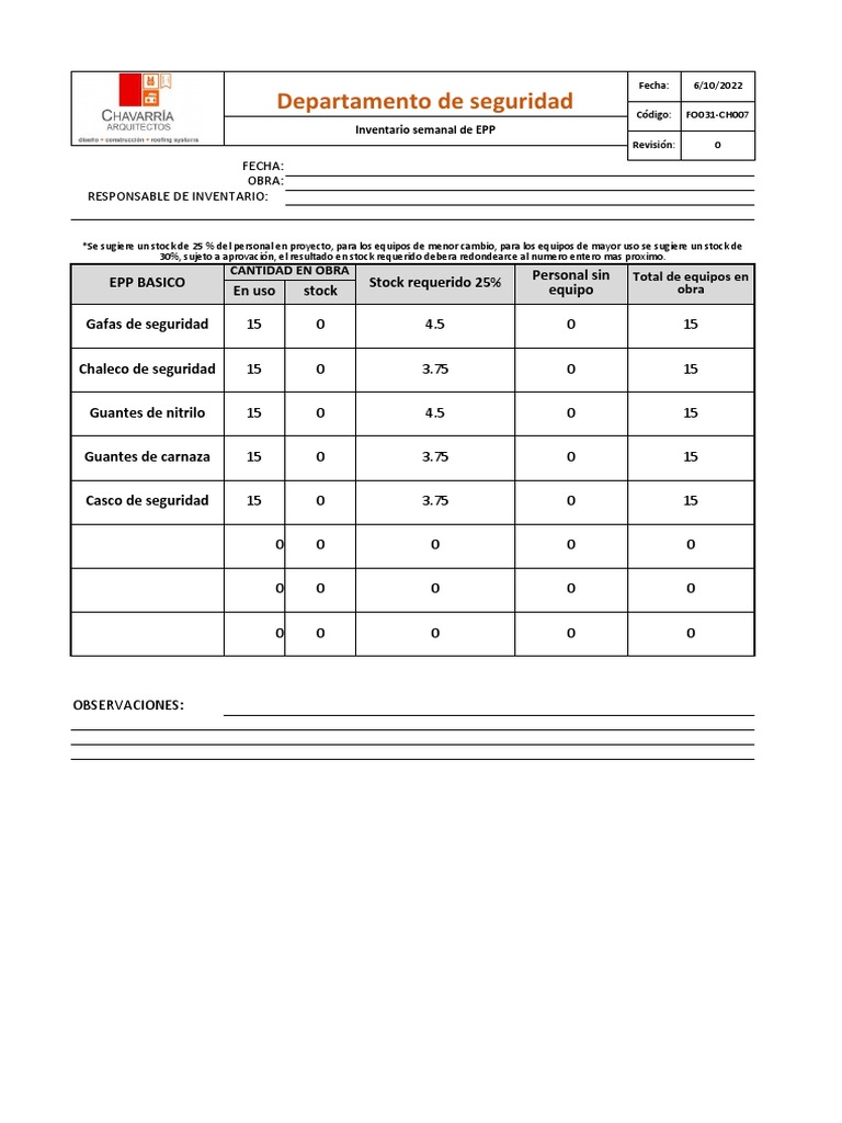Inventario de Epp Semanal | PDF