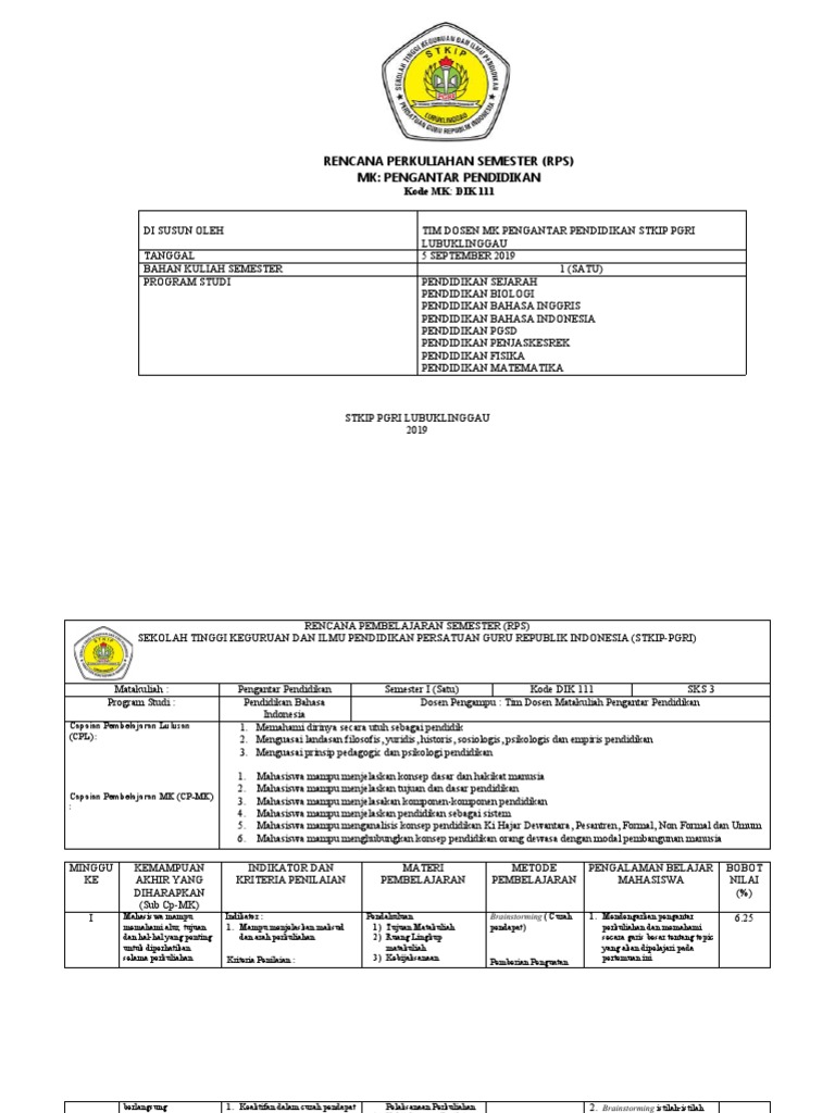 Rencana Perkuliahan Semester Pengantar Pendidikan | PDF