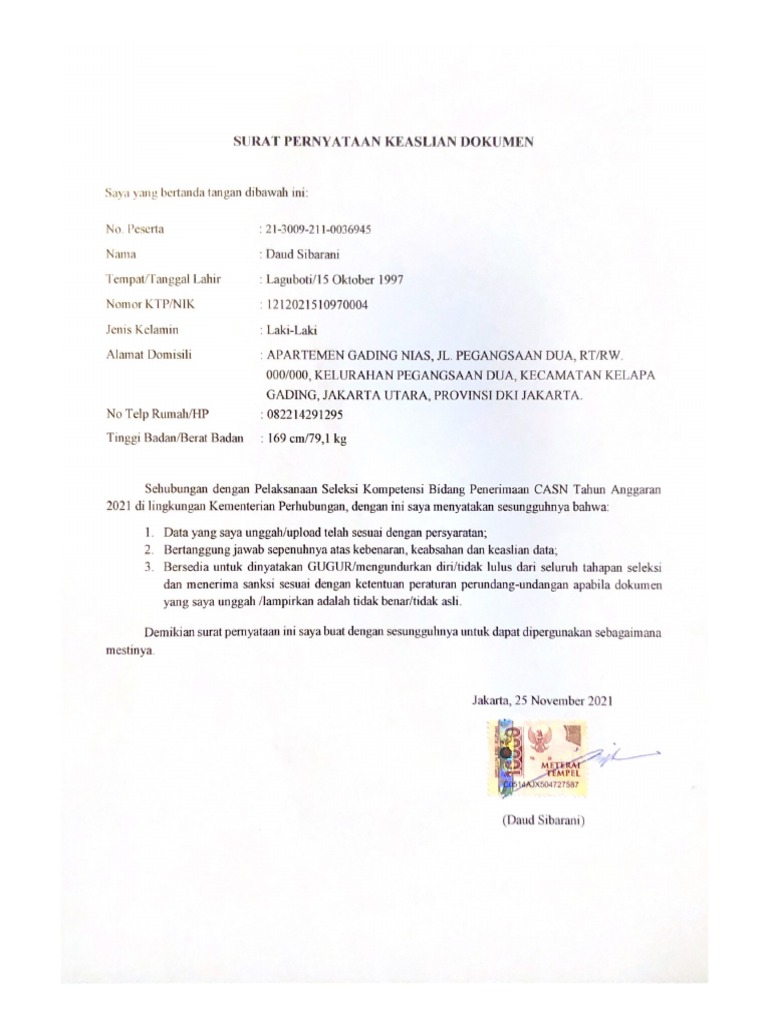 Surat Pernyataan Keaslian Dokumen | PDF Surat Pernyataan Keaslian Dokumen | PDF