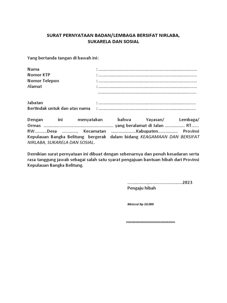Surat Pernyataan Nirlaba (2023) | PDF