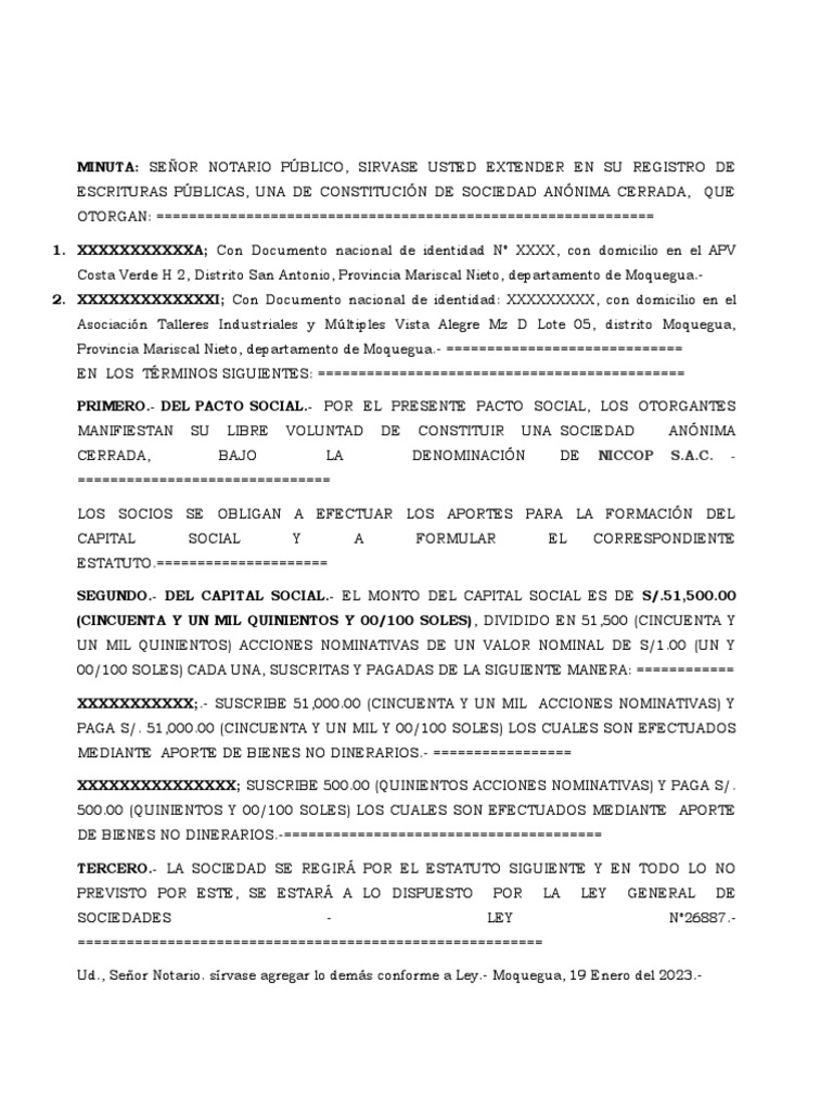 Modelo de Minuta para Constitucion de Empresa Sac | PDF