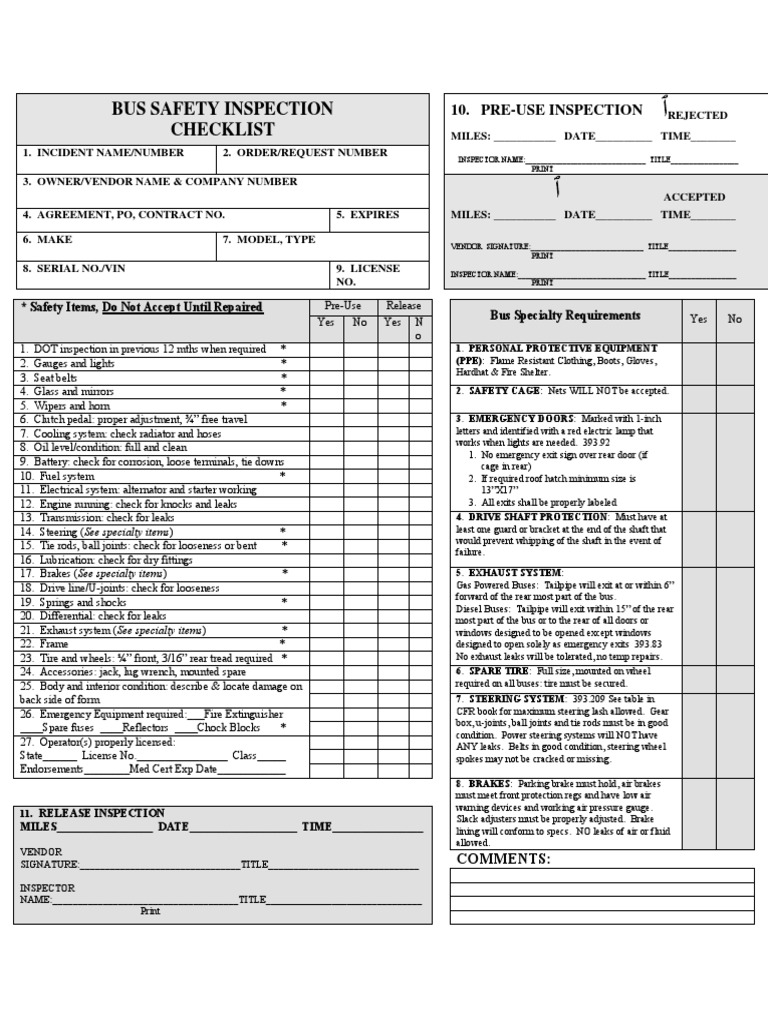 Bus Safety Inspection Checklist | PDF | Steering | Personal Protective ...