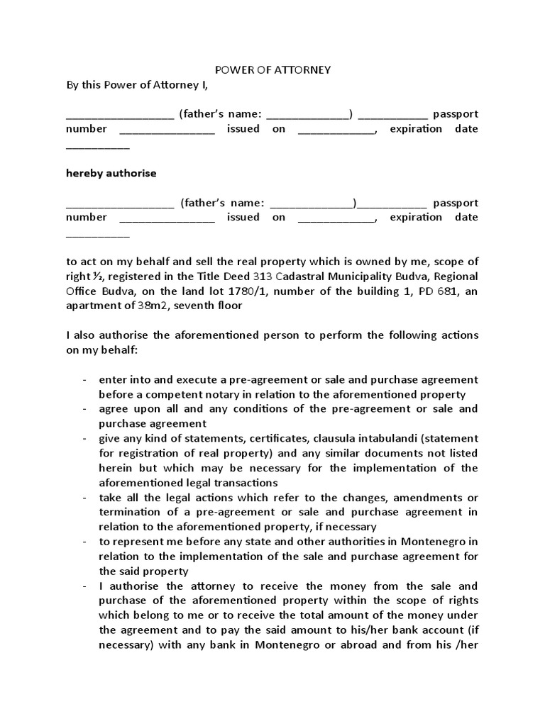 Power of Attorney template | PDF | Prices | Payments