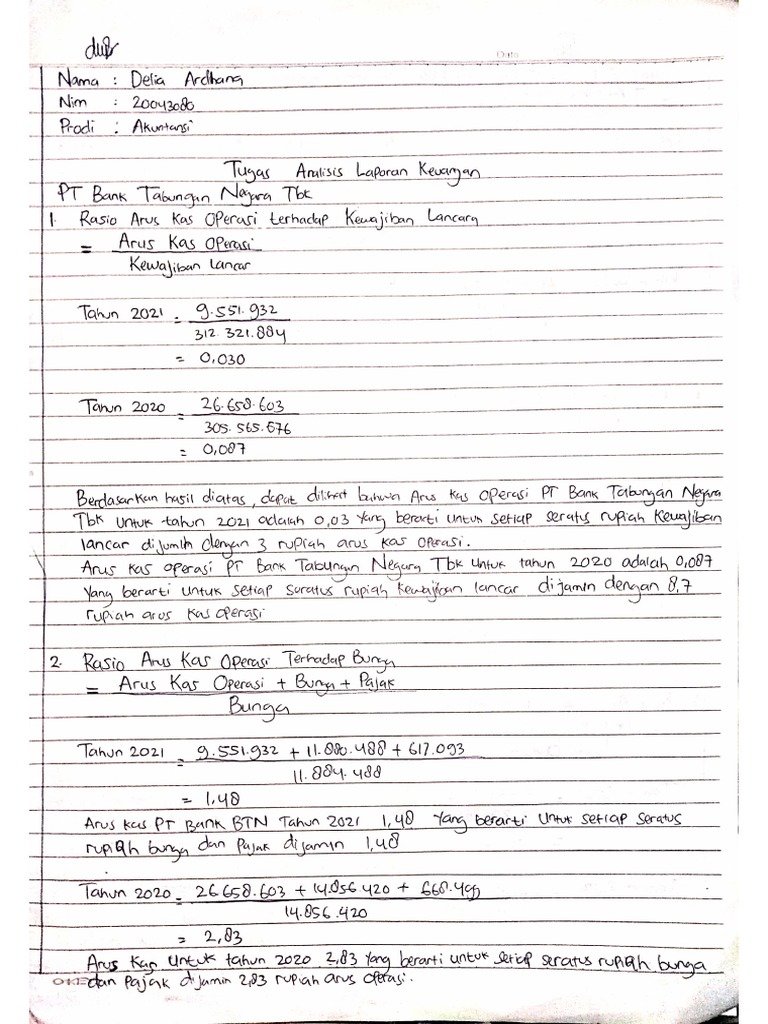 Tugas Rasio Arus Kas ALK Delia Ardhana (20043080) | PDF