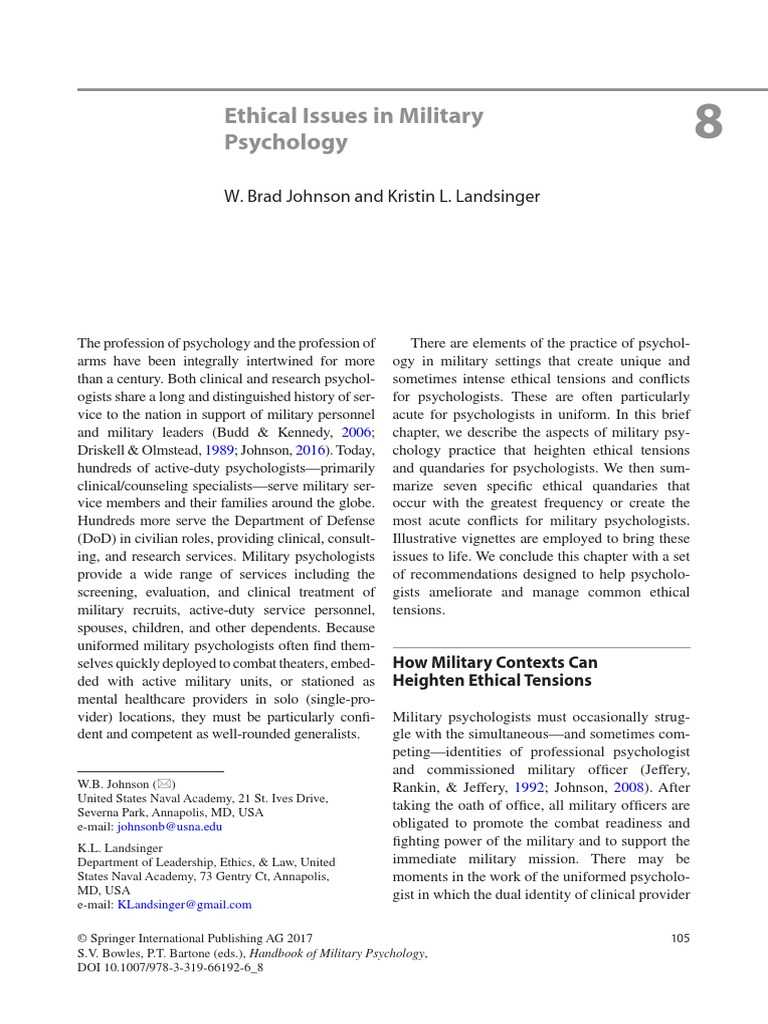 Ethical Issues in Military Psychology: W. Brad Johnson and Kristin L ...