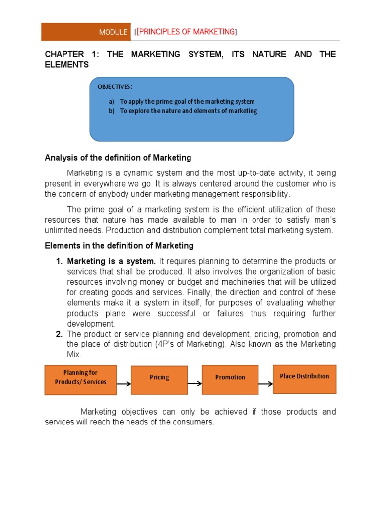 Chapter 1 - The Marketing System, Its Nature and The Elements | PDF ...