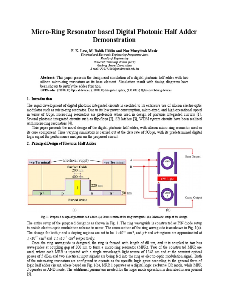 Micro-Ring Resonator Based Digital Photonic Half Adder Demonstration | PDF | Electronic Circuits ...