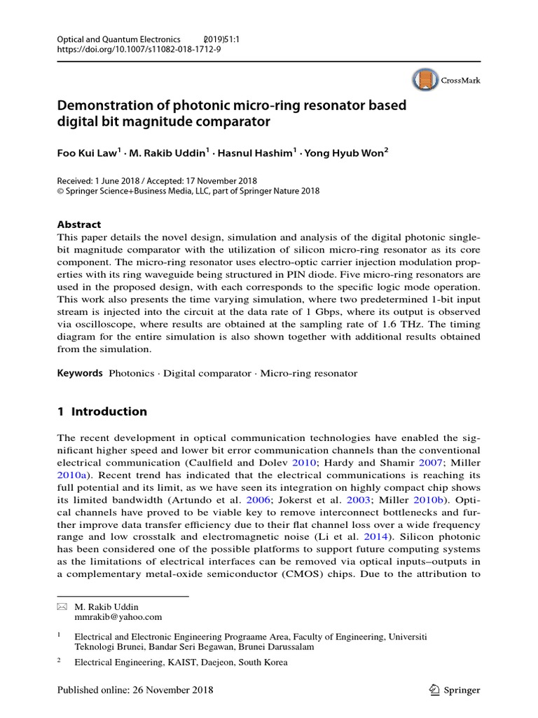Demonstration of Photonic Micro Ring Resonator Based Digital Bit Magnitude Comparator | PDF ...