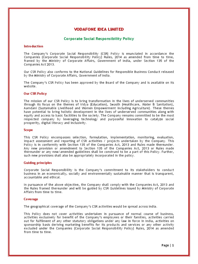 CSR - Policy - Vodafone | PDF | Corporate Social Responsibility ...