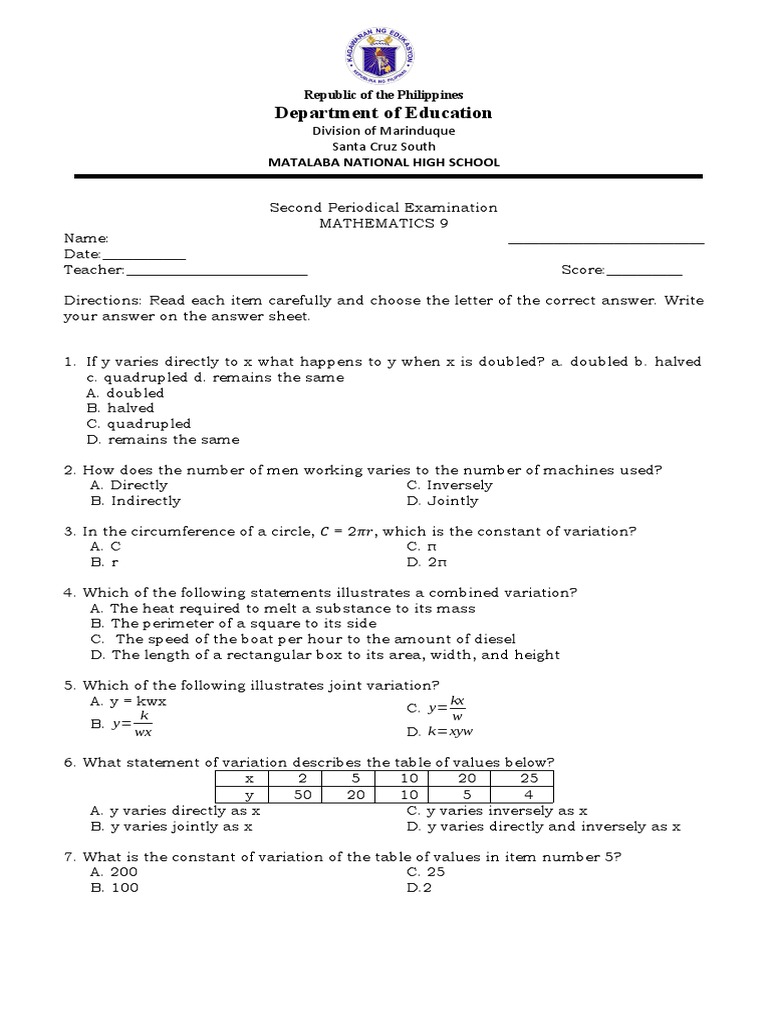 MSHS Second Periodical Exam in Mathematics 9 | PDF | Mathematics ...