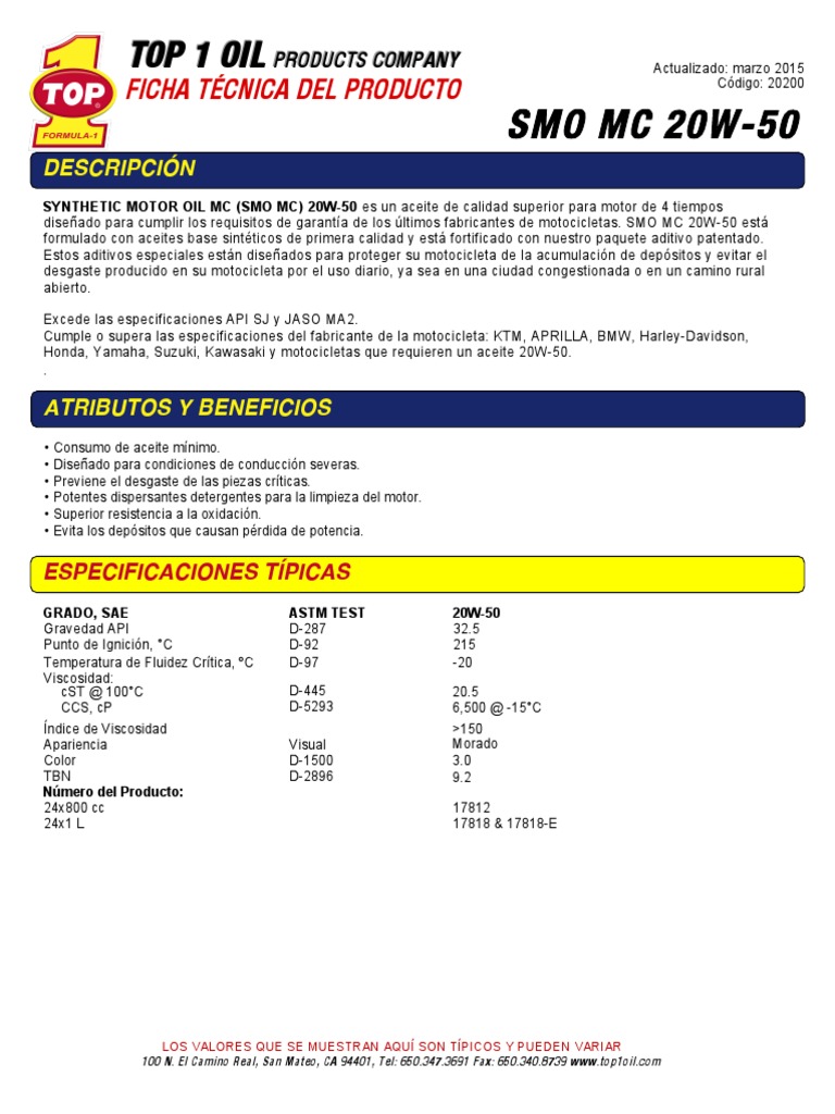 SMO MC 20W 50 PDS Spanish 1 | PDF | Vehículos | Vehículo de motor