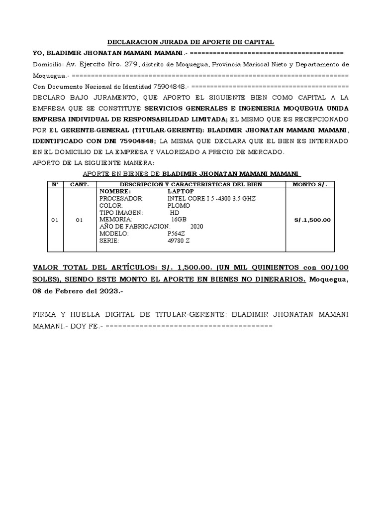 Modelo de Declaracion Jurada de Aporte de Capital para Empresa Eirl | PDF