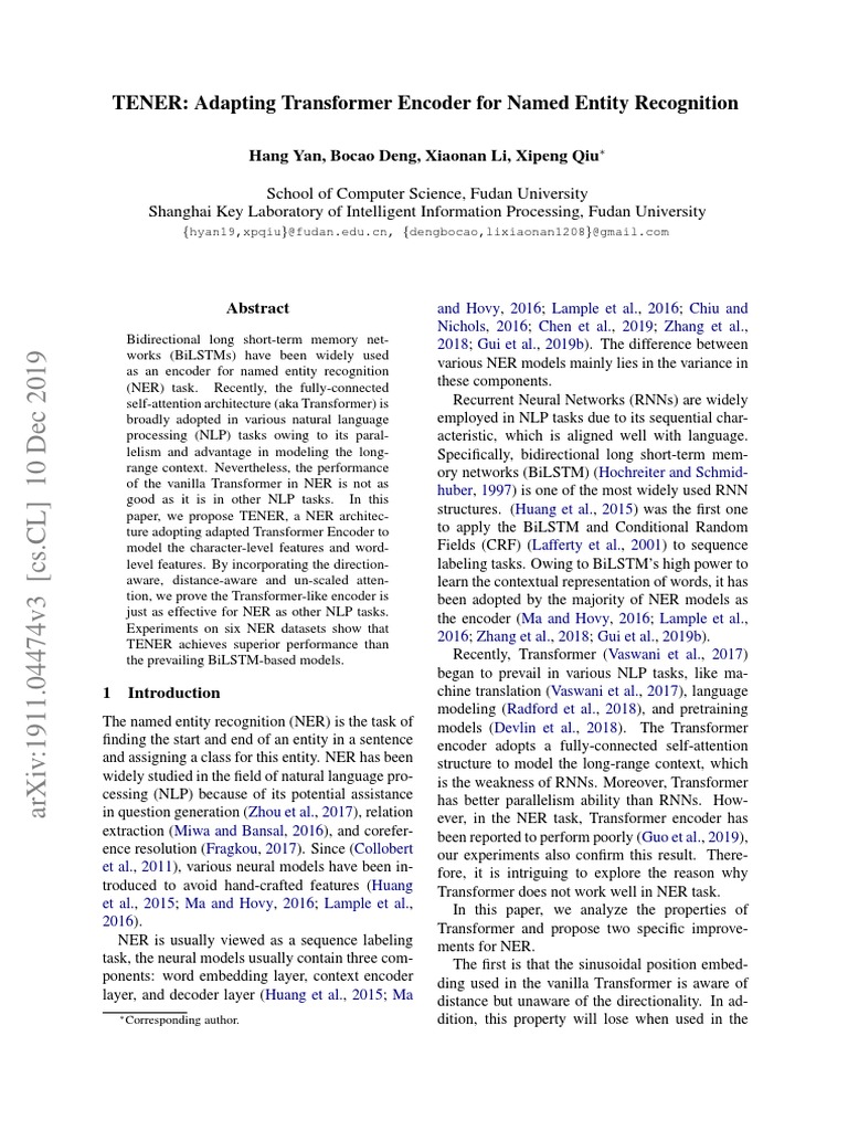 TENER NER Adaptive Transformer 1911.04474 | PDF | Algorithms | Machine Learning