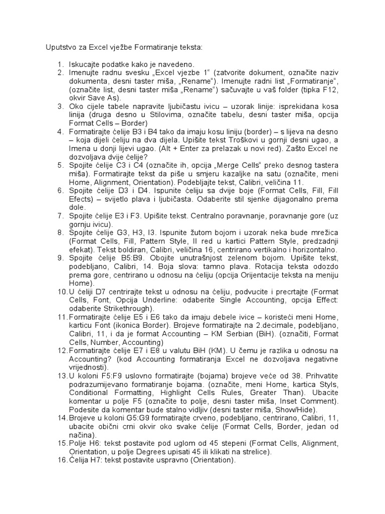 Uputstva Za Formatiranje Excel I Dvocas | PDF