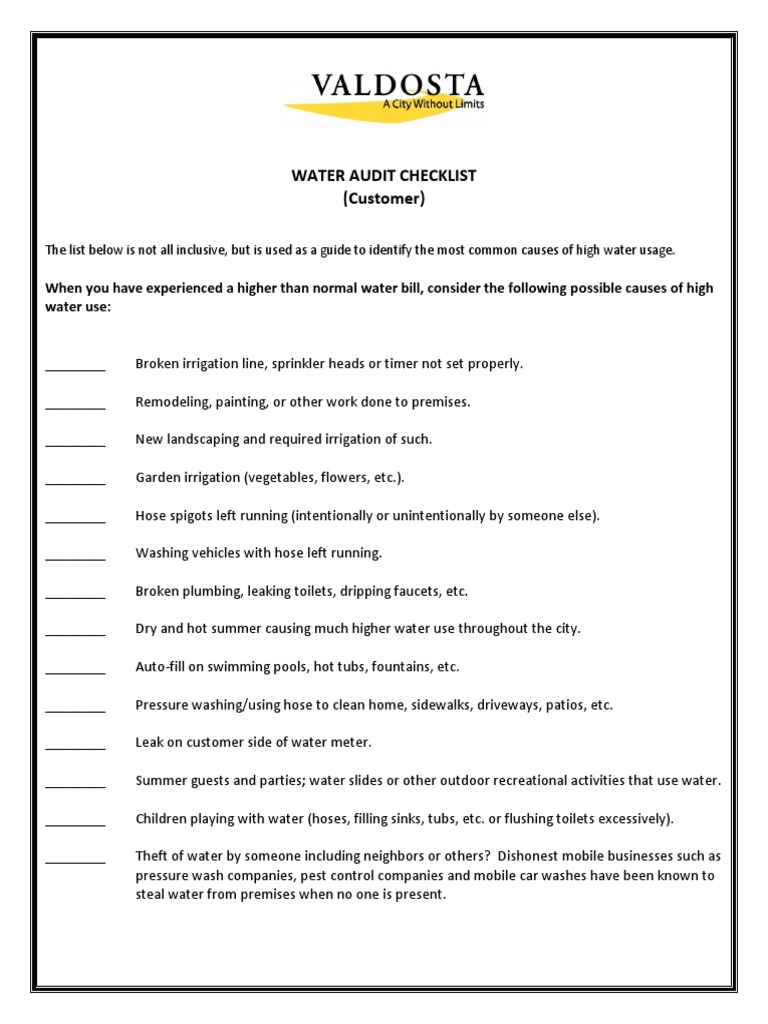 Water Audit Checklist | PDF | Leak | Tap (Valve)