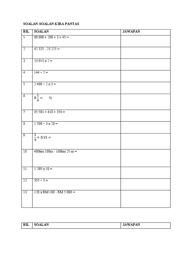 Latihan Kira Pantas Matematik | PDF | Teaching Methods & Materials ...