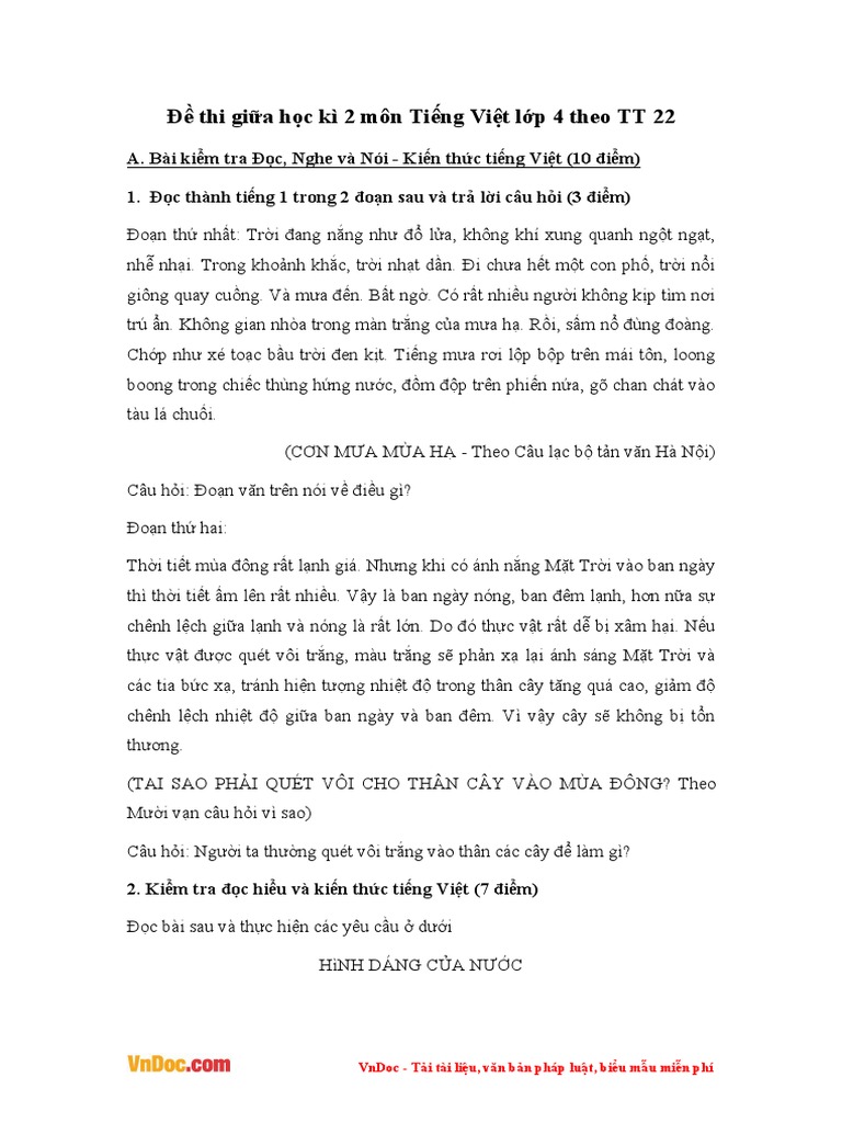 De Thi Giua Hoc Ki 2 Mon Tieng Viet Lop 4 Theo TT 22 | PDF