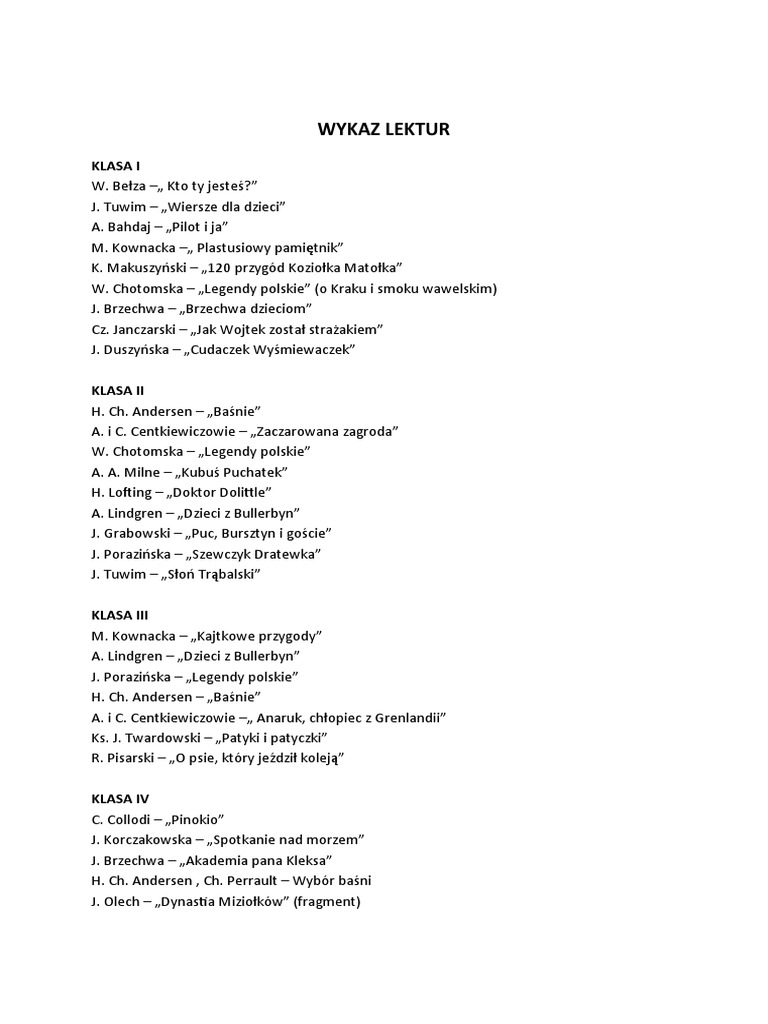 Wykaz Lektur | PDF