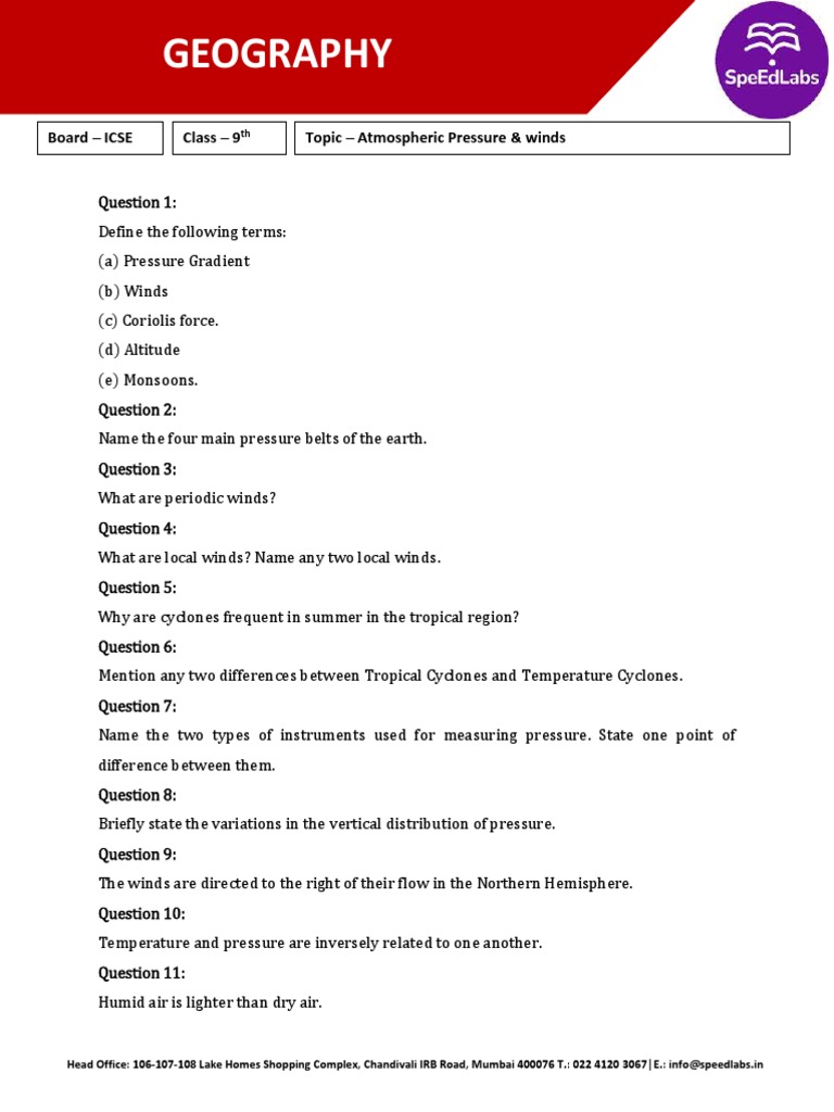 Atmospheric Pressure and Winds Class 9 | PDF | Finance & Money ...
