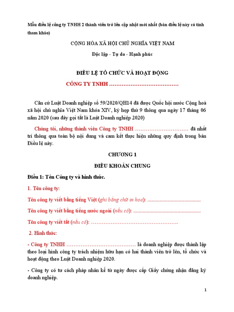 Mẫu điều lệ công ty TNHH 2 thành viên trở lên cập nhật mới nhất | PDF