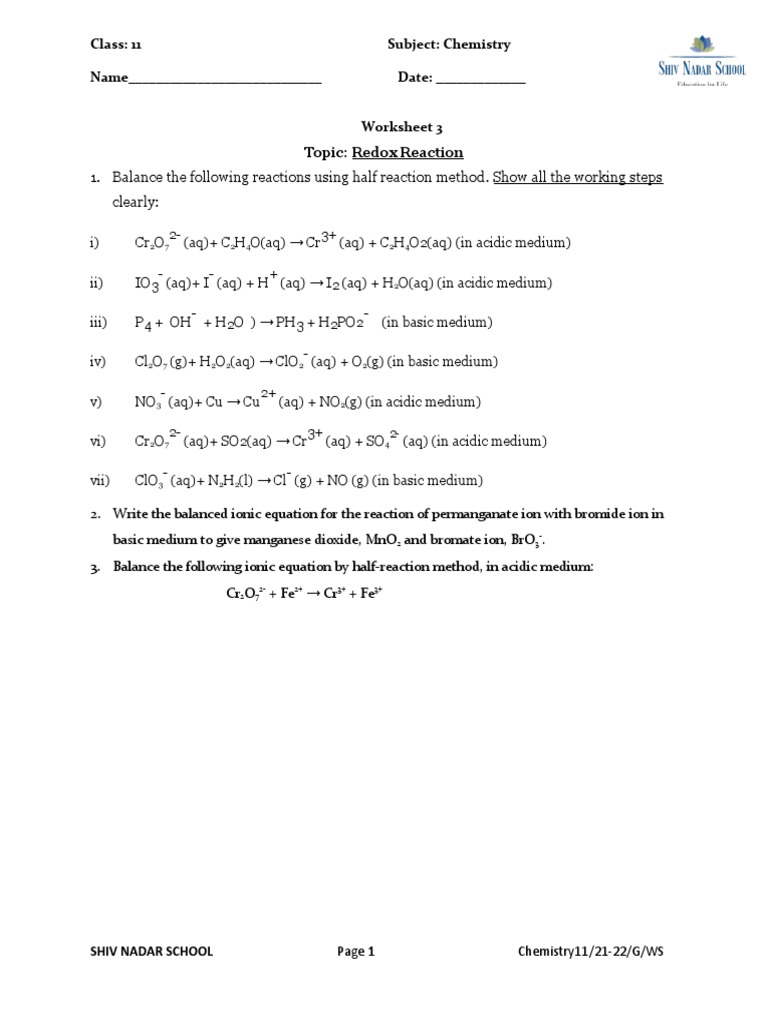Redox Reaction Worksheet for Chemistry | PDF