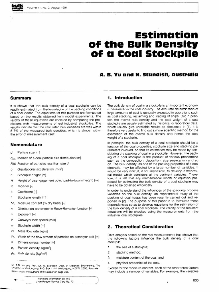 Estimation of The Bulk Density of A Coal Stockpile | PDF | Physical ...