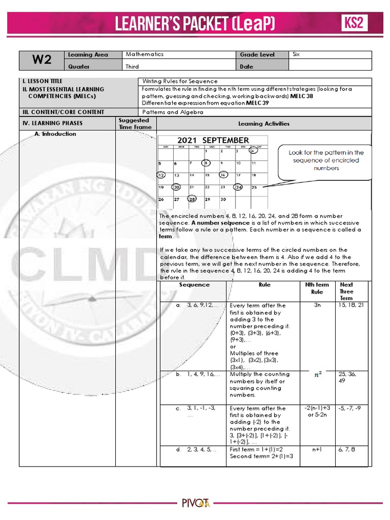 LeaP Math 6 Week 2 Q3 | PDF | Equations | Numbers