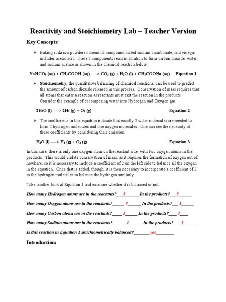 Reaction Lab - Teacher Version | PDF | Stoichiometry | Sodium Bicarbonate