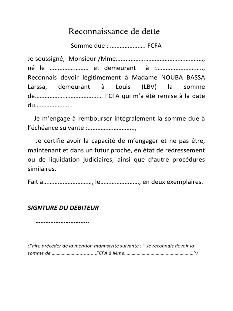 Modèle de reconnaissance de dette simple | PDF | Finance et gestion ...